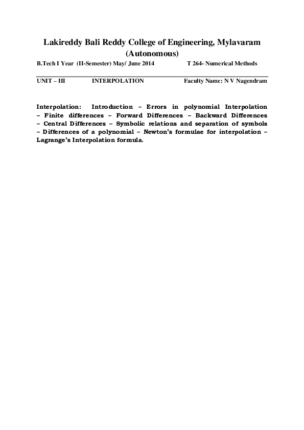 (PDF) Numerical Methods UNIT – III INTERPOLATION