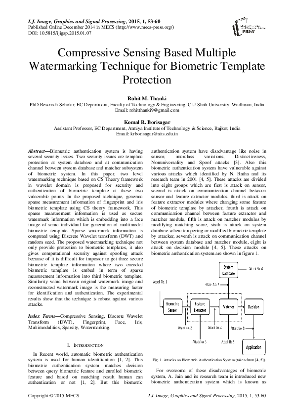 Pdf Compressive Sensing Based Multiple Watermarking Technique For Biometric Template Protection