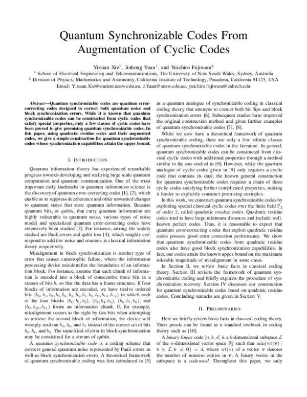 (PDF) Quantum Synchronizable Codes From Augmentation of Cyclic Codes | Yixuan Xie - Academia.edu
