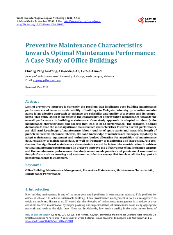(PDF) Preventive Maintenance Characteristics towards Optimal ...