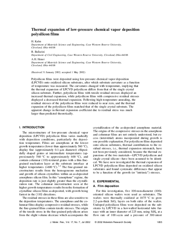 (PDF) Thermal Expansion of Low-pressure Chemical Vapor Deposition Polysilicon Films