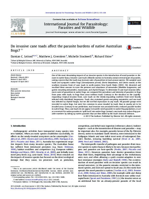 (PDF) Do invasive cane toads affect the parasite burdens of native ...