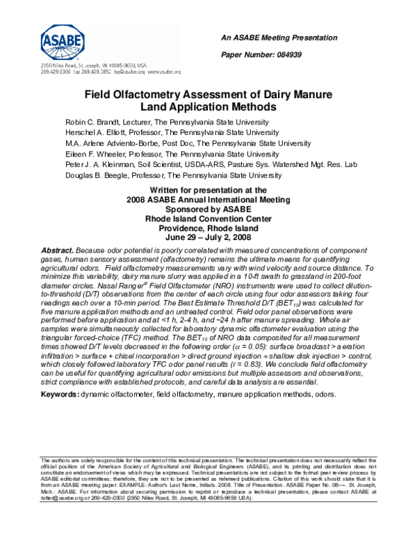 (PDF) Field olfactometry assessment of dairy manure land application ...