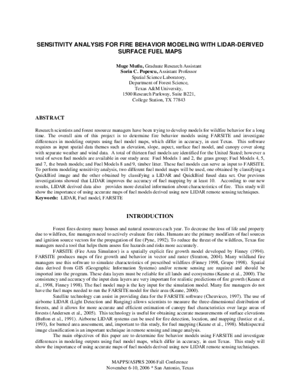 (PDF) Sensitivity analysis of fire behavior modeling with LIDAR-derived ...