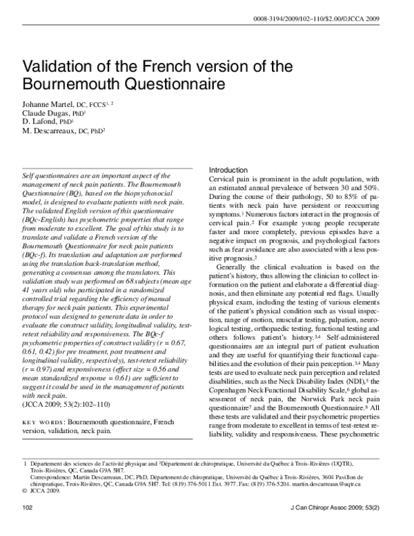 (PDF) Validation of the French version of the Bournemouth Questionnaire