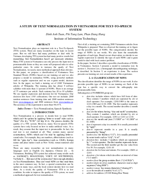(PDF) A Study of Text Normalization in Vietnamese for Text-To-Speech System