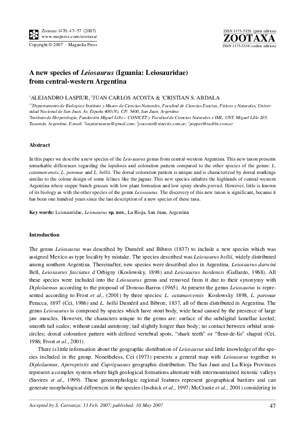 (PDF) A new species of Leiosaurus (Iguania: Leiosauridae) from central ...