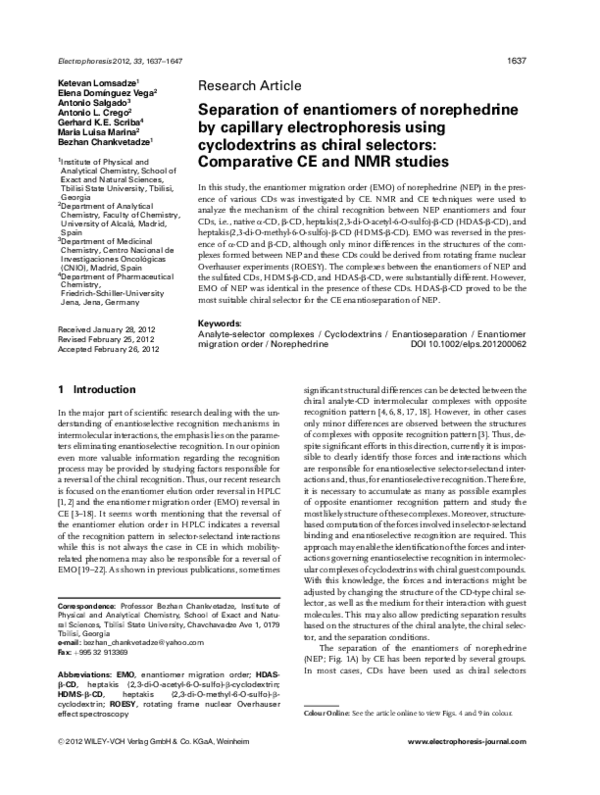 (PDF) Separation of enantiomers of norephedrine by capillary ...