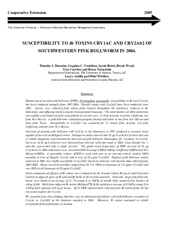 (PDF) SUSCEPTIBILITY TO Bt TOXINS CRY1AC AND CRY2Ab2 OF SOUTHWESTERN ...