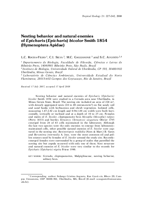 (PDF) Nesting behavior and natural enemies of Epicharis (Epicharis ...
