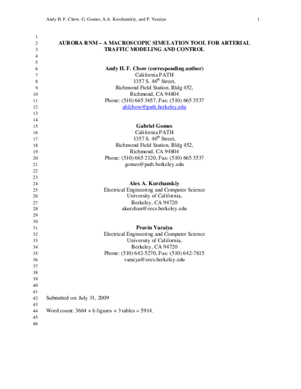 (PDF) Aurora Rnm a Macroscopic Simulation Tool for Arterial 2 Traffic ...