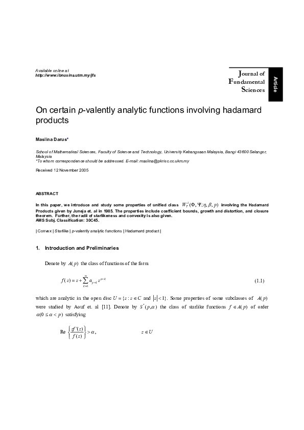 Pdf On Certain P Valently Analytic Functions Involving Hadamard Products