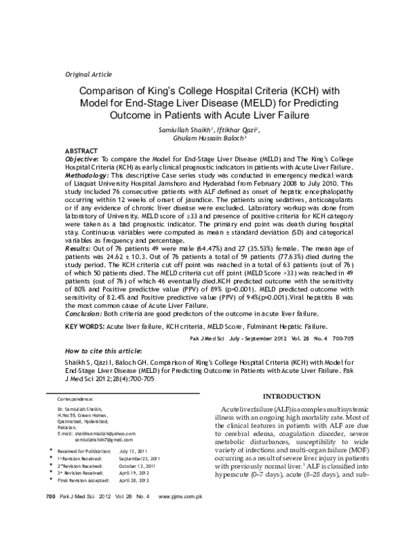 (PDF) Comparison of King’s College Hospital Criteria (KCH) with Model ...