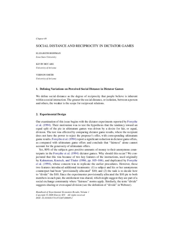 (PDF) Social distance and reciprocity in dictator games