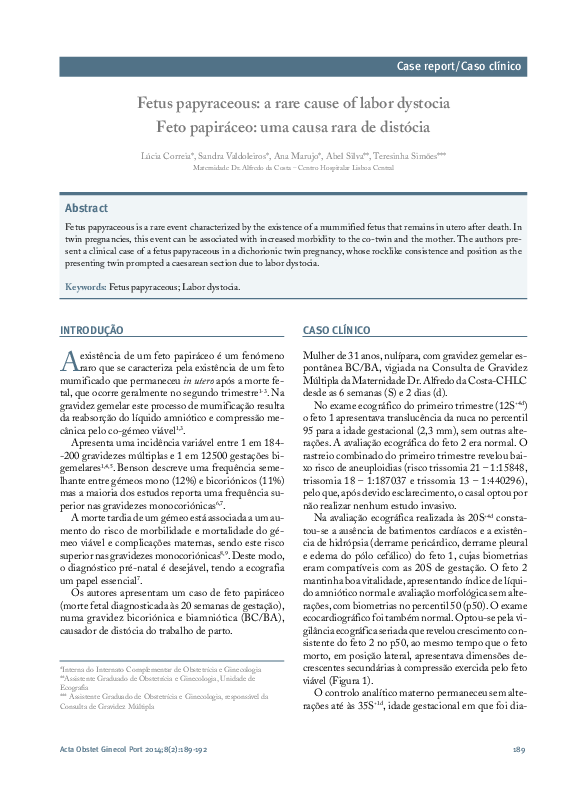 (PDF) Fetus papyraceous: A rare cause of labor dystocia. Acta Obstet ...