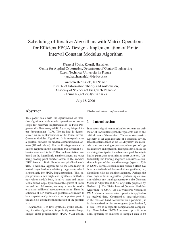 Pdf Scheduling Of Iterative Algorithms With Matrix Operations For Efficient Fpga Design