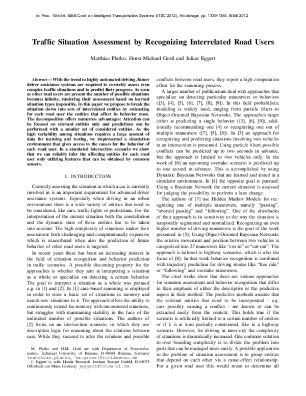 (PDF) Traffic situation assessment by recognizing interrelated road users