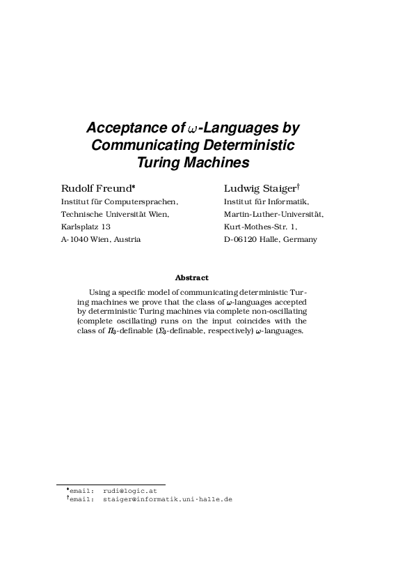 (PDF) Acceptance of Languages by Communicating Deterministic Turing Machines