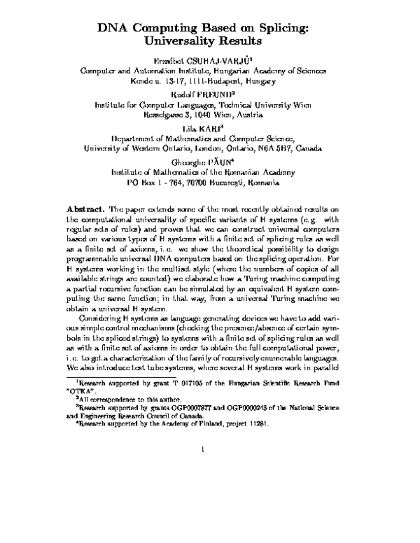 (PDF) DNA computing based on splicing: universality results