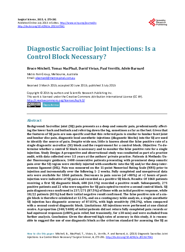 (PDF) Diagnostic sacroiliac joint injections: Is a control block necessary?