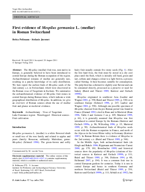 (PDF) First evidence of Mespilus germanica L. (medlar) in Roman Switzerland