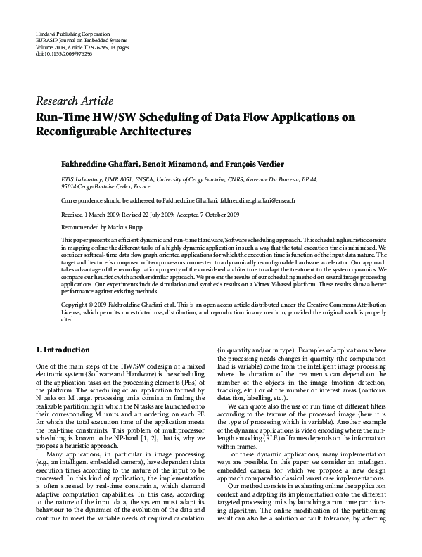 (PDF) Run-Time HW/SW Scheduling of Data Flow Applications on Reconfigurable Architectures
