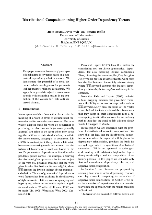 (PDF) Distributional composition using higher-order dependency vectors