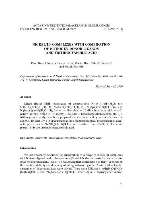 (PDF) Nickel(II) Complexes with Combination of Nitrogen Donor Ligands and Trithiocyanuric Acid