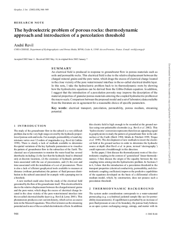 (PDF) The hydroelectric problem of porous rocks: thermodynamic approach ...