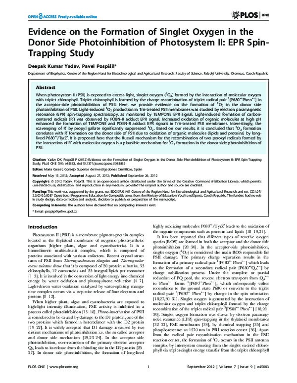 (PDF) Evidence on the formation of singlet oxygen in the donor side ...