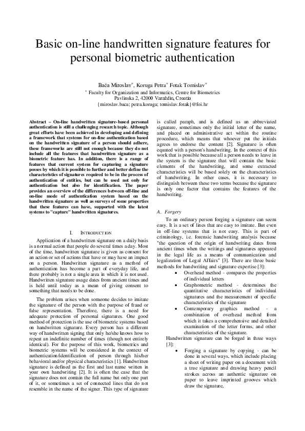 (PDF) Basic on-line handwritten signature features for personal biometric authentication