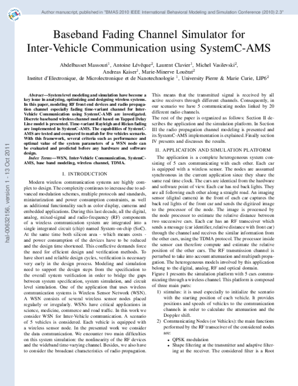 (PDF) Baseband fading channel simulator for inter-vehicle communication using systemc-ams,” BMAS