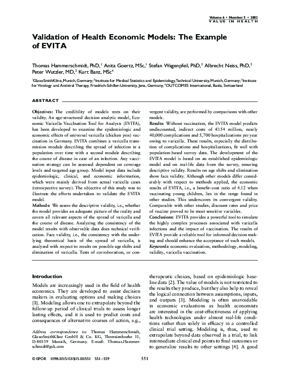 (PDF) Validation of Health Economic Models: The Example of EVITA