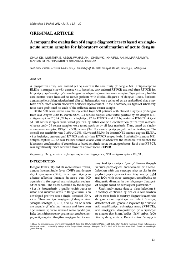 Pdf A Comparative Evaluation Of Dengue Diagnostic Tests Based On Single Acute Serum Samples