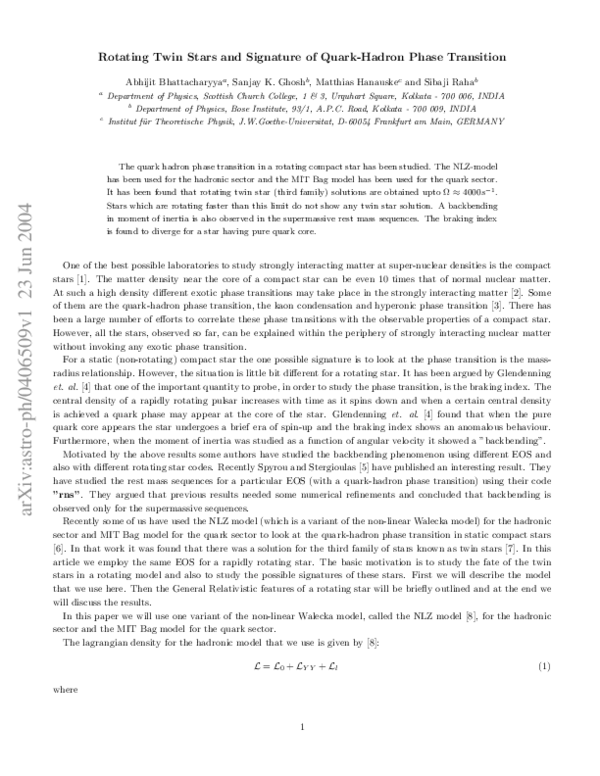 (PDF) Rotating twin stars and signature of quark-hadron phase transition