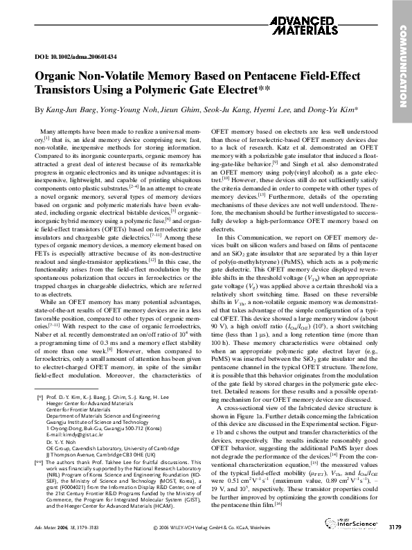 (PDF) Organic Non-Volatile Memory Based on Pentacene Field-Effect Transistors Using a Polymeric ...