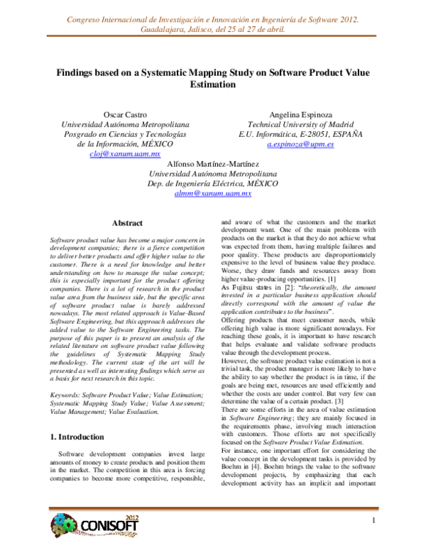 (PDF) Findings based on a Systematic Mapping Study on Software Product Value Estimation