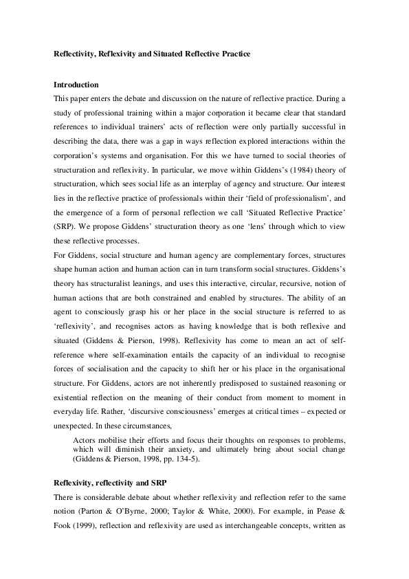 (PDF) Reflectivity, reflexivity and situated reflective practice