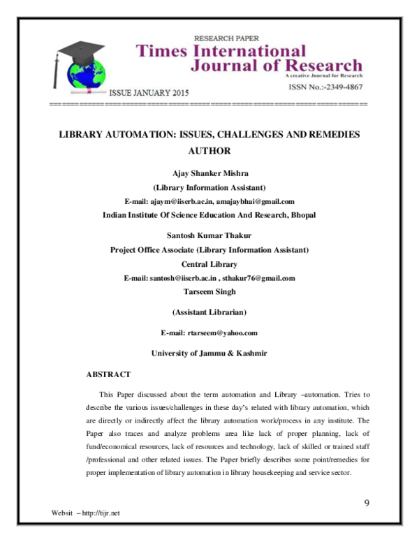 (PDF) Library Automation: Issues, Challenges and Remedies