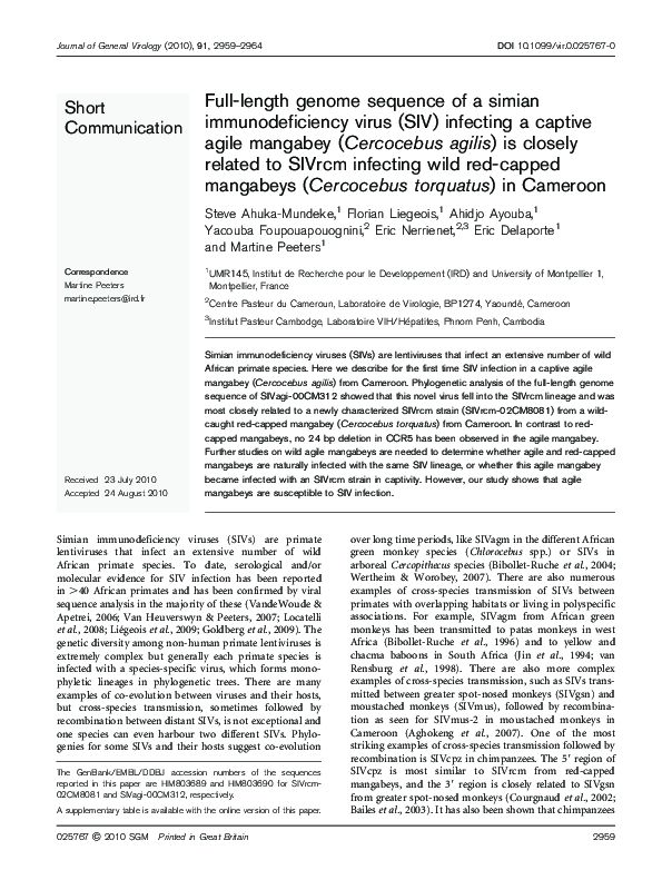 (PDF) Full-length genome sequence of a simian immunodeficiency virus ...