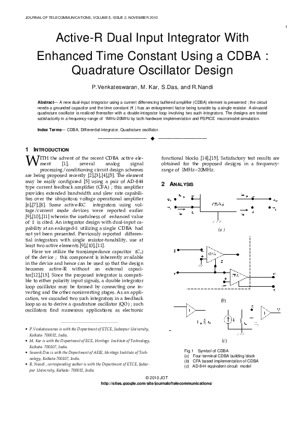 (PDF) Active-R Dual Input Integrator With Enhanced Time Constant Using ...
