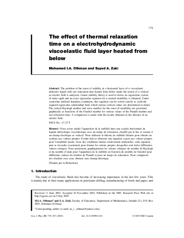 (PDF) The effect of thermal relaxation time on a electrohydrodynamic viscoelastic fluid layer ...