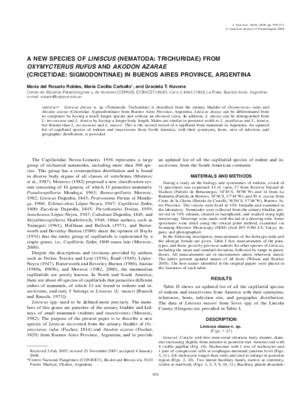 (PDF) A New Species of Liniscus (Nematoda: Trichuridae) From ...