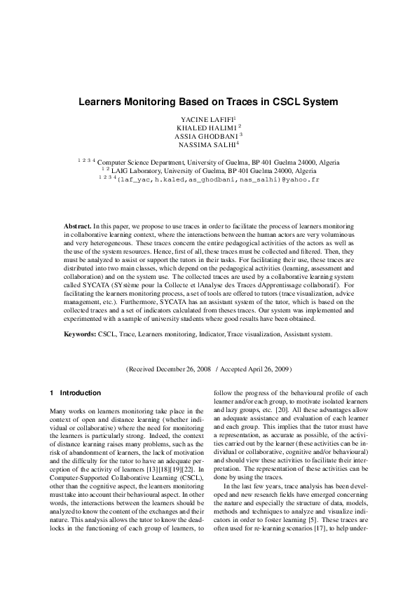 (PDF) Learners Monitoring Based on Traces in CSCL System