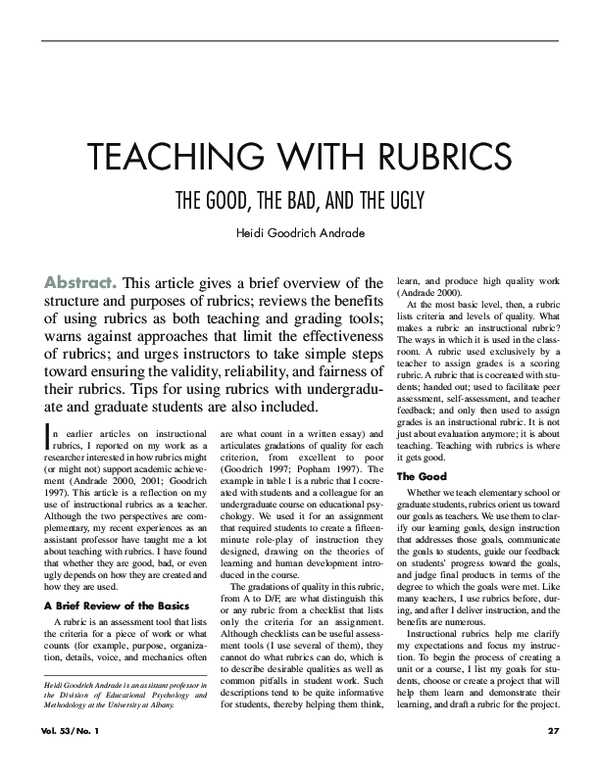 Pdf Teaching With Rubrics The Good The Bad And The Ugly
