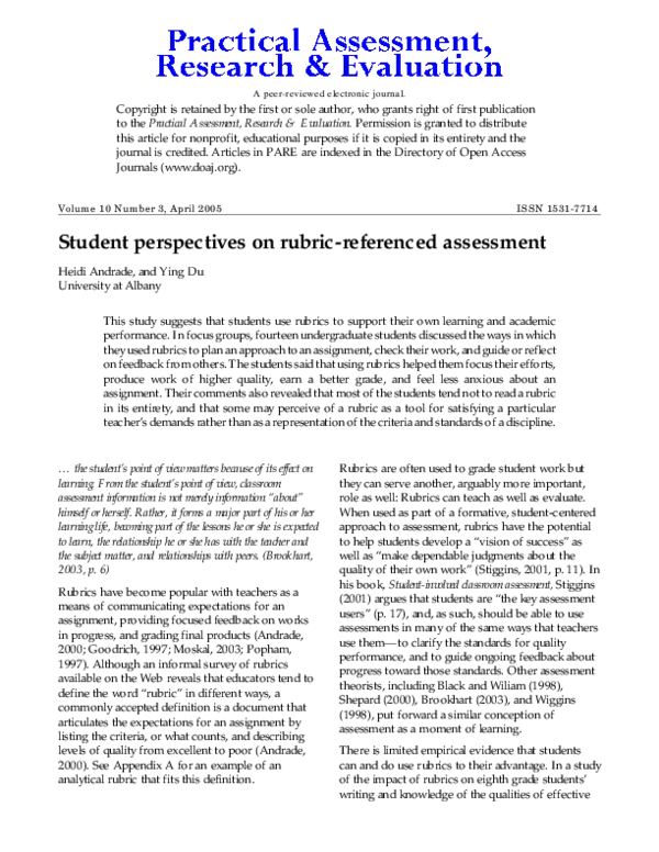 (PDF) Student Perspectives on Rubric-Referenced Assessment. Practical ...