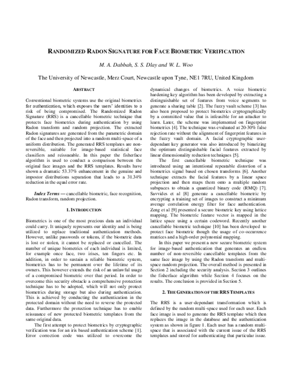 Pdf Randomized Radon Signature For Face Biometric Verification