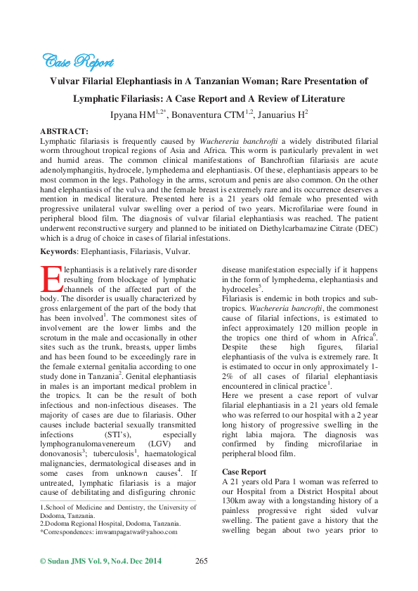 (PDF) Vulvar Filarial Elephantiasis in A Tanzanian Woman; Rare ...