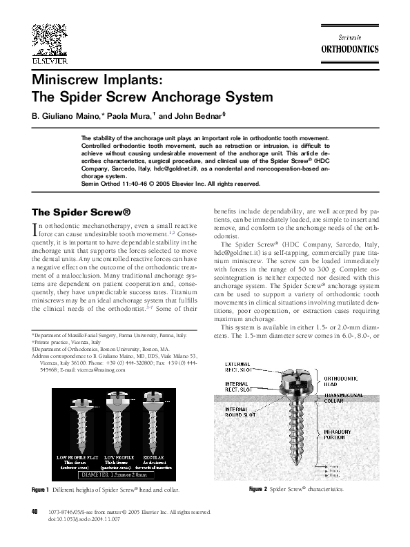 (PDF) Miniscrew implants: The Spider Screw anchorage system | Giuliano ...