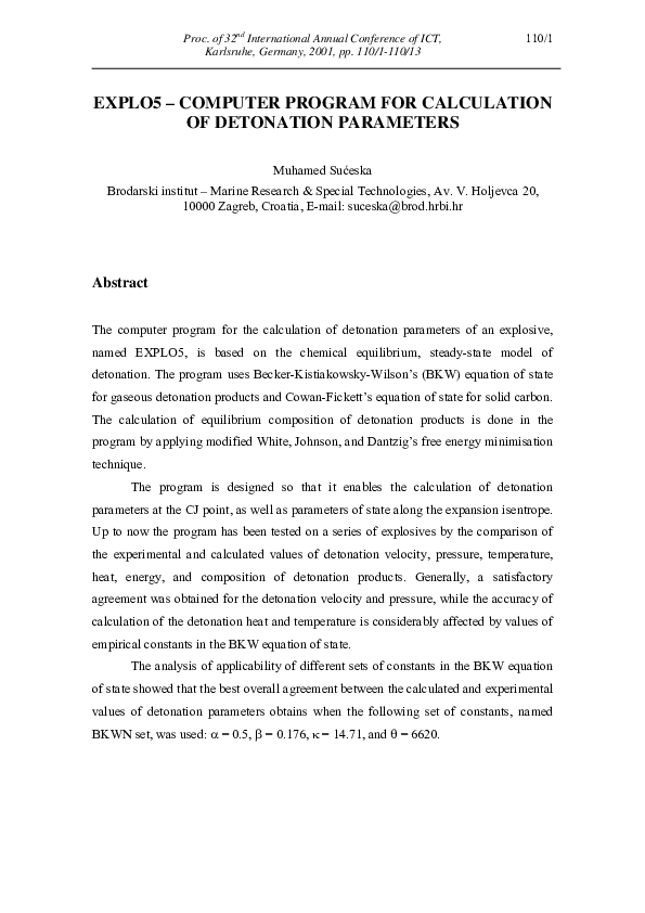 Pdf Explo5 Computer Program For Calculation Of Detonation Parameters